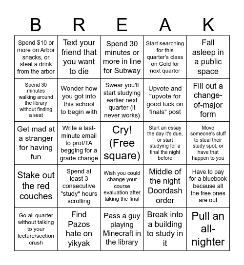 UC Study Bingo Card
