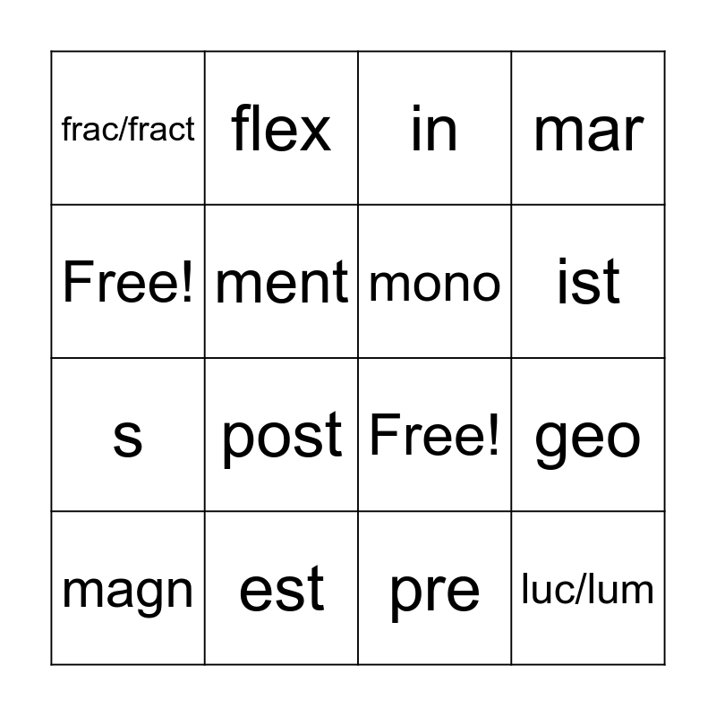 Morphemes Set 5-8 Bingo Card