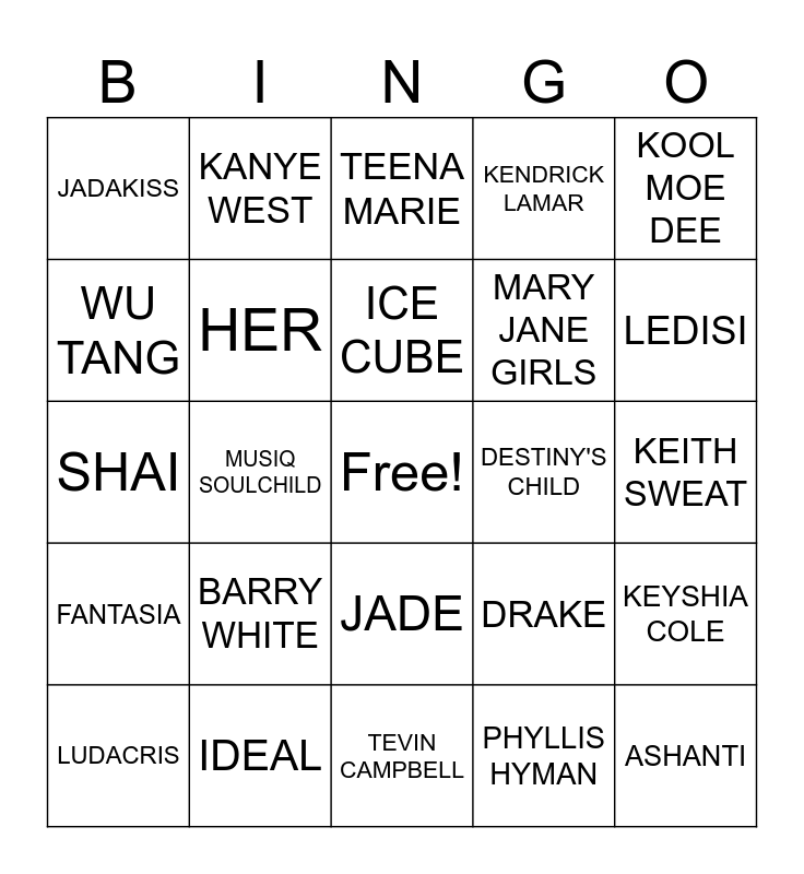 HIP HOP & R&B BINGO Card