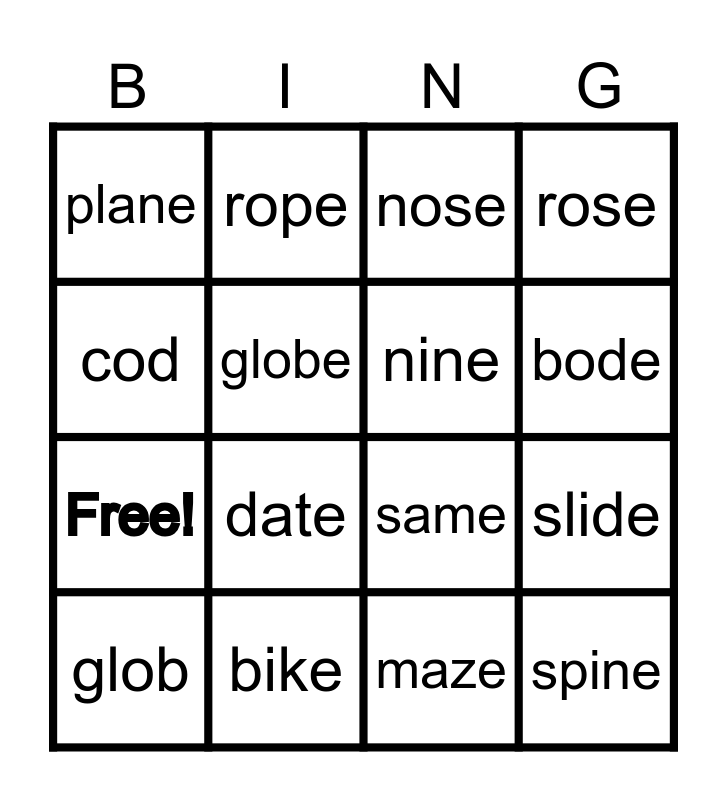 Vowels Silent E Bingo Game Bingo Card