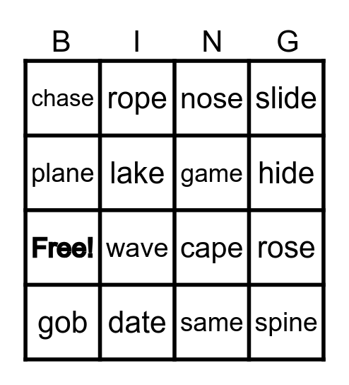 Vowels Silent E Bingo Game Bingo Card