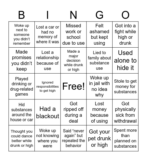 Addict Bingo Card