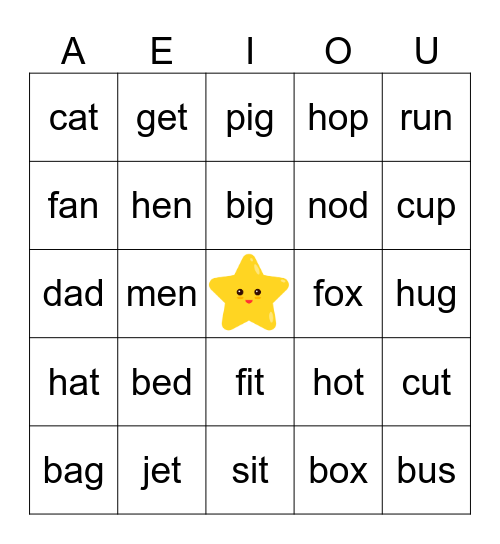 CVC Words Bingo Card