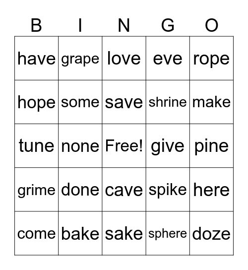 Silent E Words Bingo Card