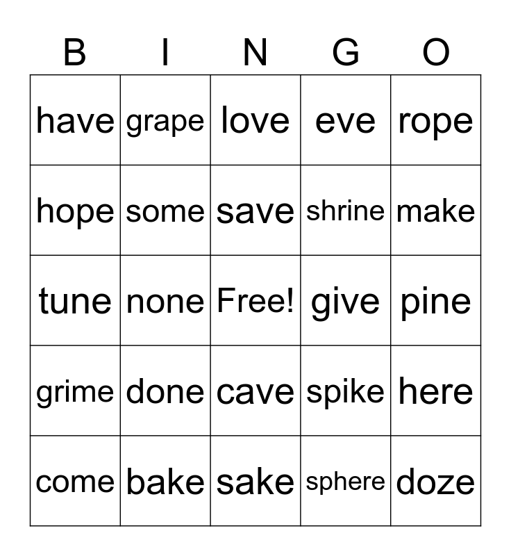 Silent E Words Bingo Card