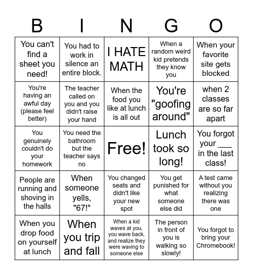 Annoying school moments Bingo Card