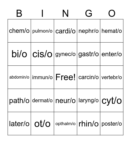 Root Words Bingo Card