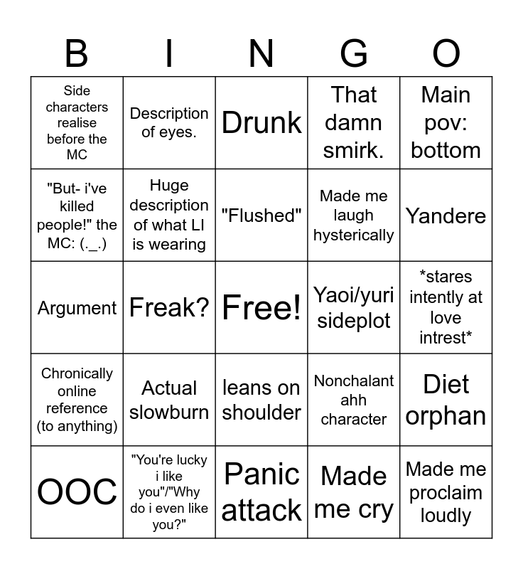 Fanfic bingo!! Bingo Card