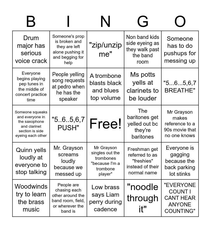 BAND BINGO CARD Bingo Card