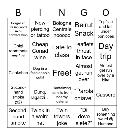 Bologna Bingo Card