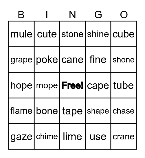 Long Vowel CVCe Bingo Card