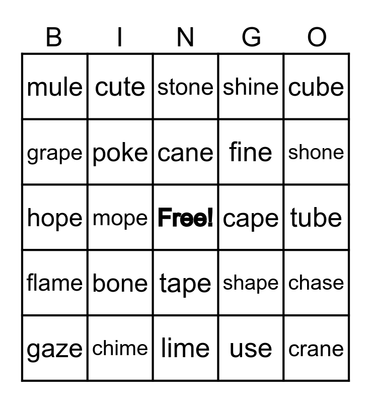 Long Vowel CVCe Bingo Card