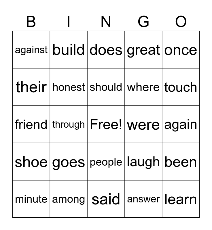Heart Word Bingo Card