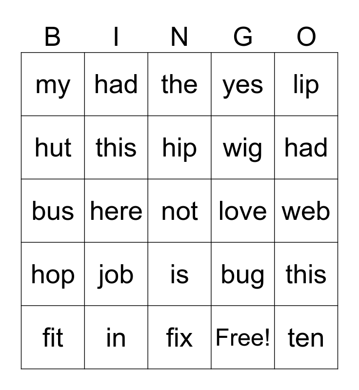 CVC/ Power Word Bingo Card