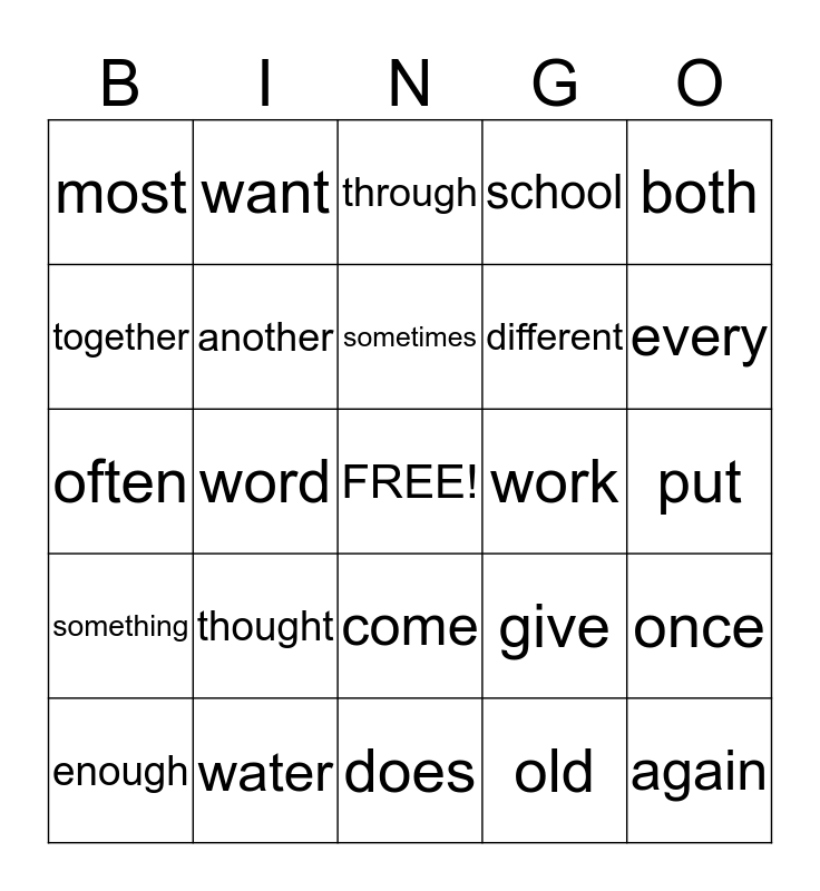 Irregular Word Bingo Card