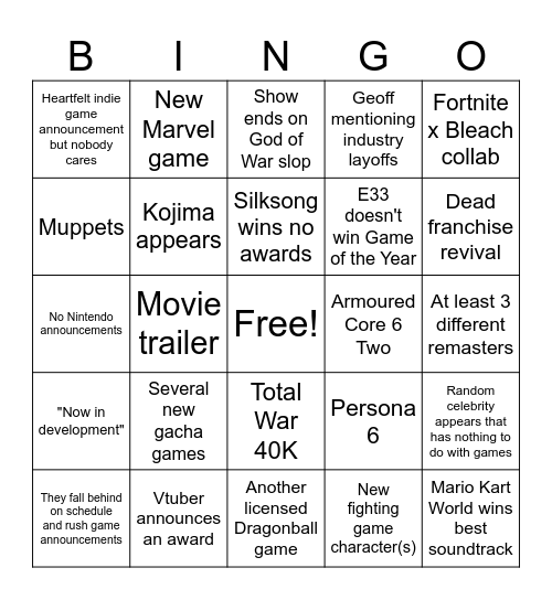 The Game Awards Bingo Card
