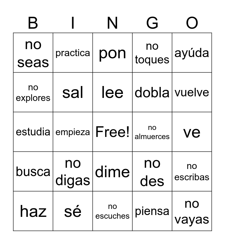 Los mandatos informales Bingo Card