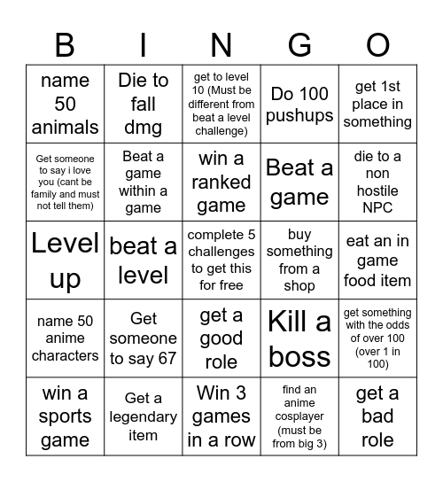 Any Game Bingo Card