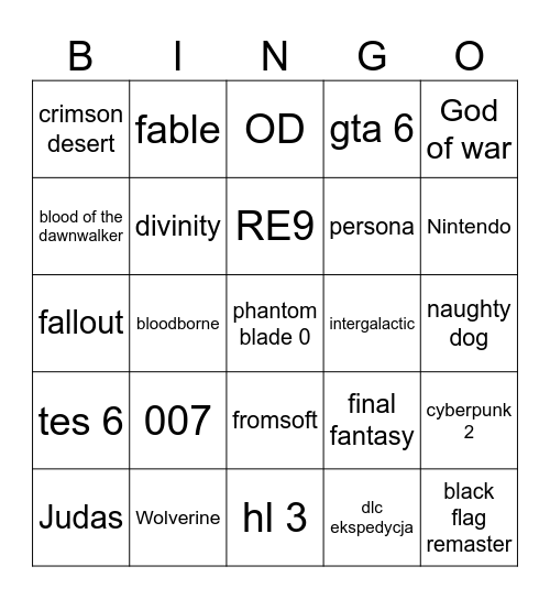 TGA Bingo Card