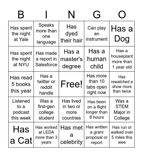 LEDA Bingo Card