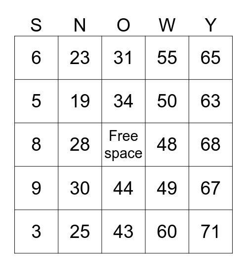 Number Bingo 1-75 Bingo Card