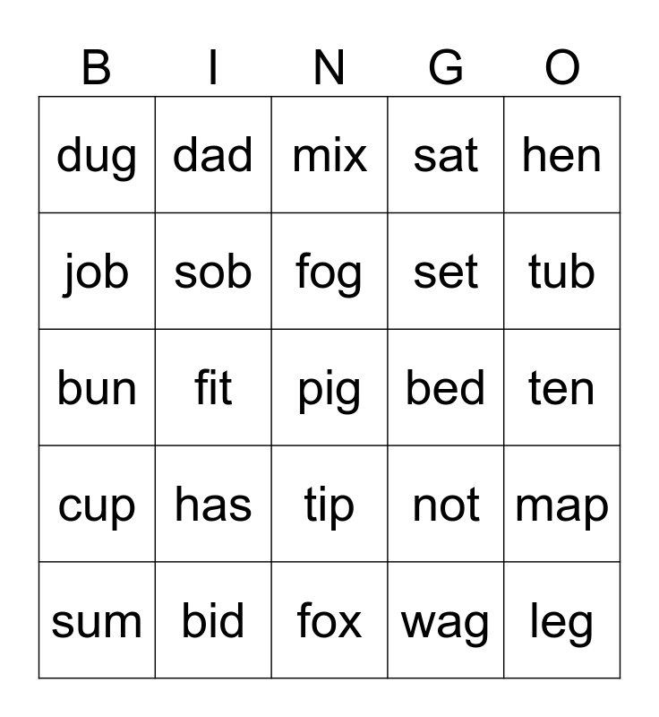 Short Vowels (CVC) Bingo Card