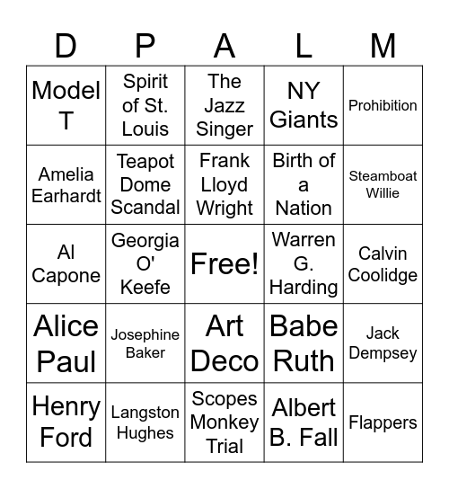 1920s Bingo Card