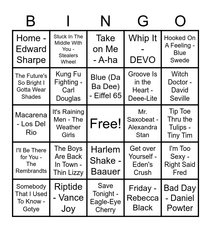 One Hit Wonders Bingo Card
