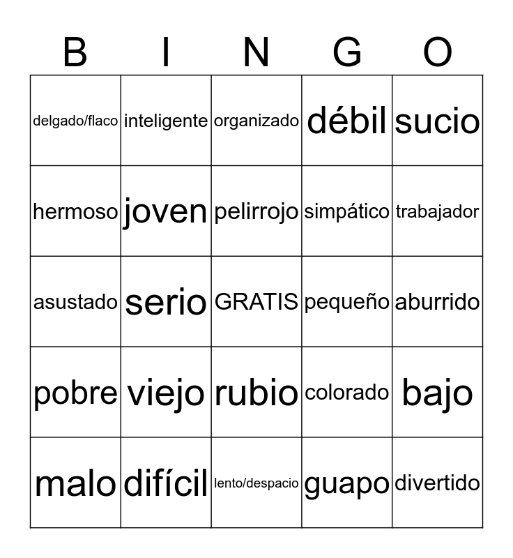 Adjectives 7 set 2 Bingo Card
