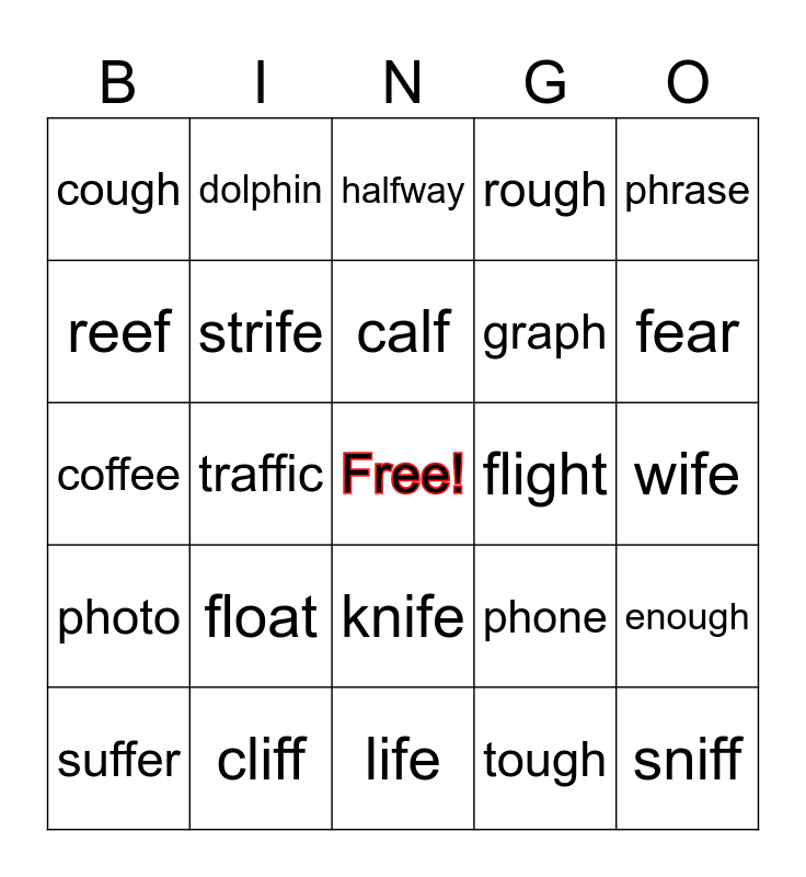 Spellings for the /f/ sound Bingo Card