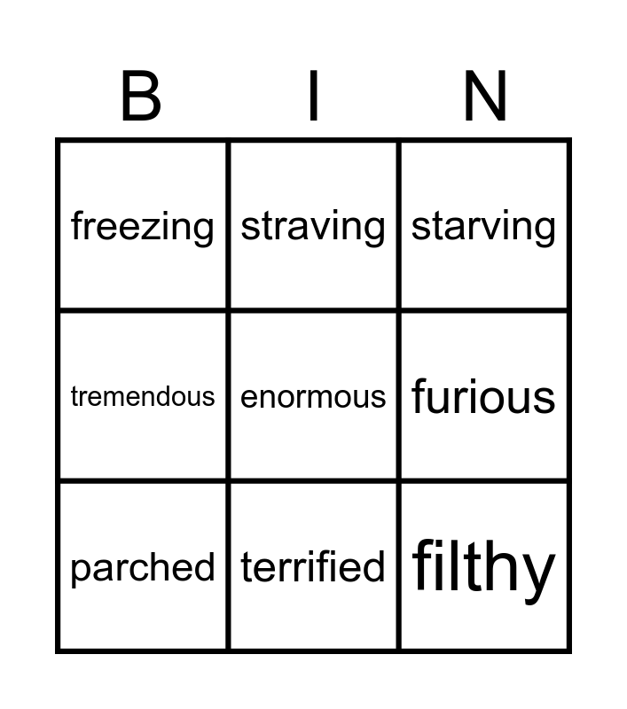 Extreme Adjectives Bingo Card