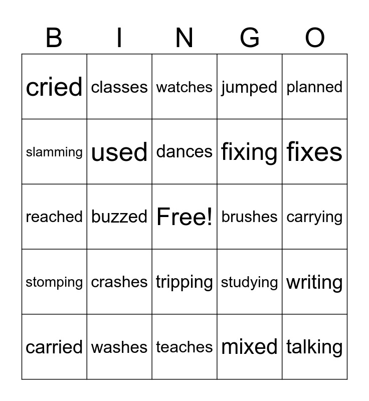 Inflectional Endings Bingo Card