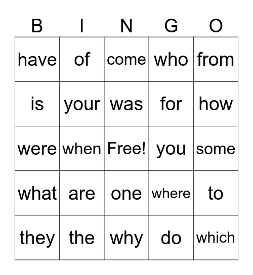 High Frequency Words Bingo Card
