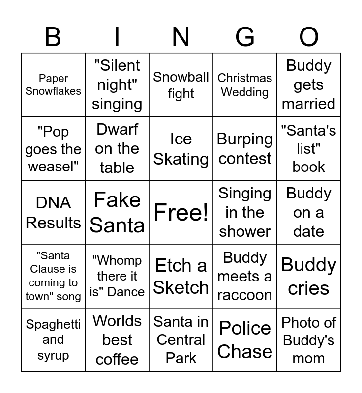 ELF Movie Bingo Card