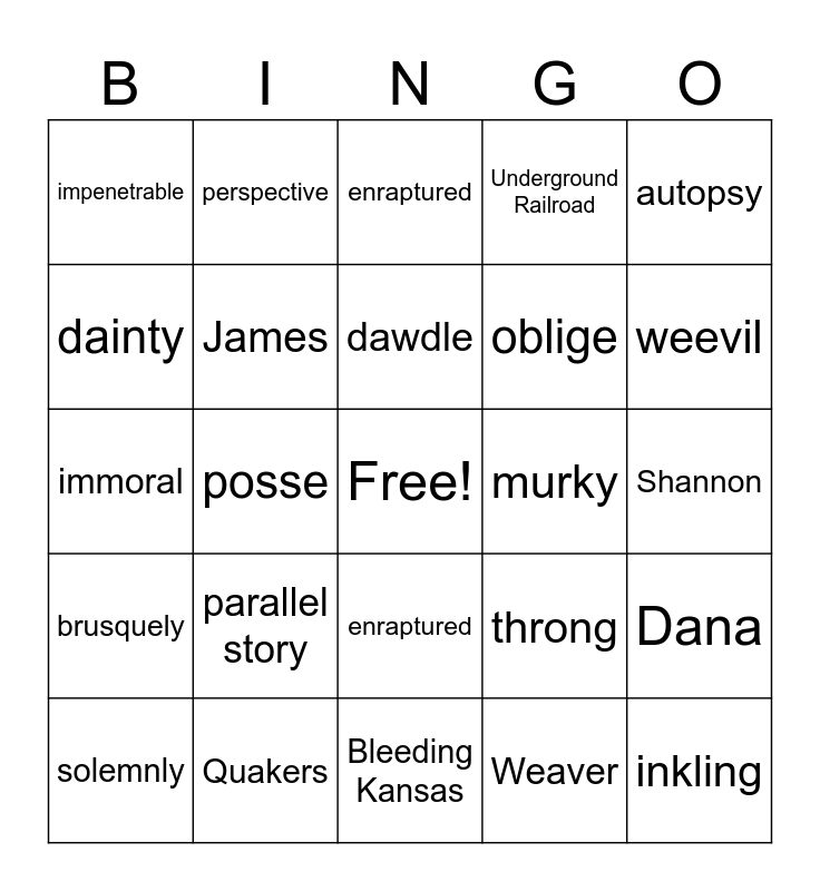 Steal Away Home Chapters 1-8 Vocabular Bingo Card