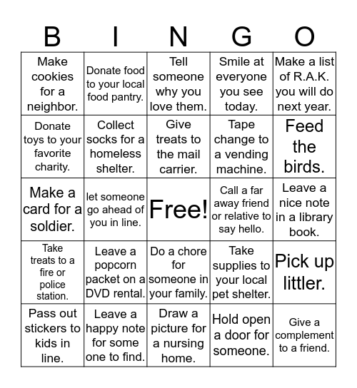 Random Acts of Kindness Bingo Card