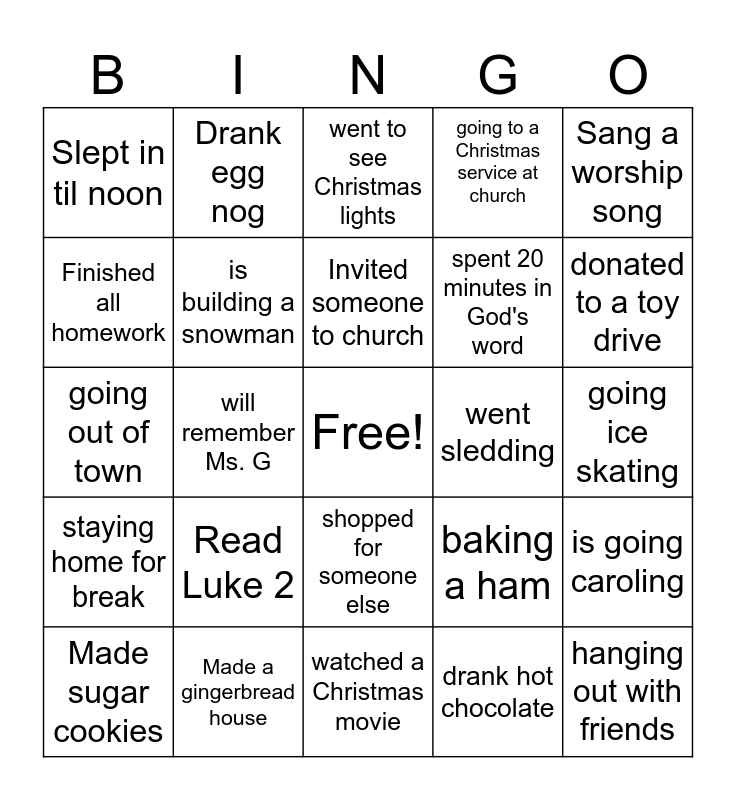 Christmas Break Bingo Card