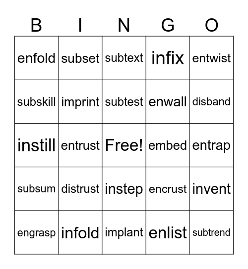 WRS 3.2 Prefixes dis, en, em, in, im, sub Bingo Card