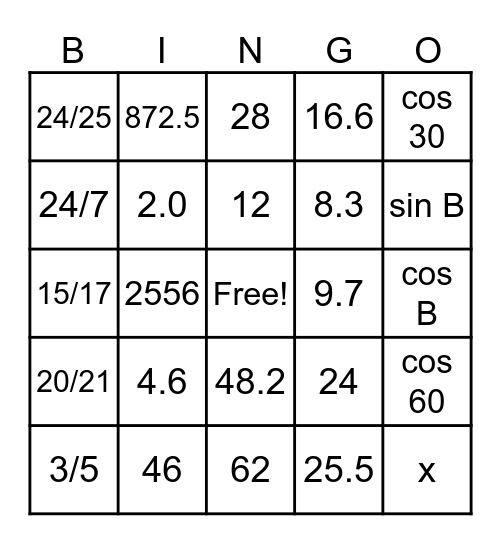 Right Triangle Trigonometry Review Bingo Card
