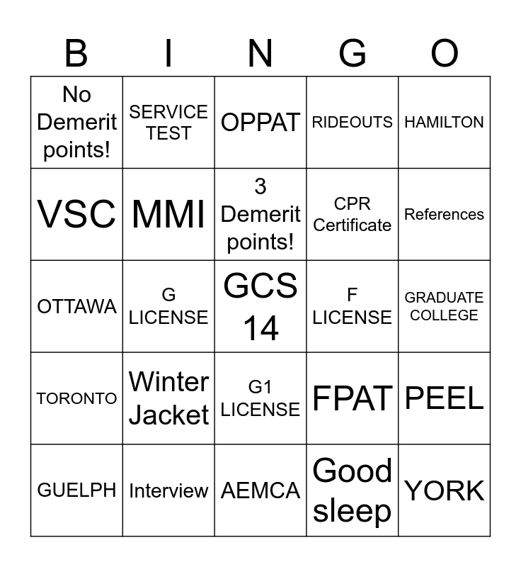 Ontario Paramedic Bingo Card
