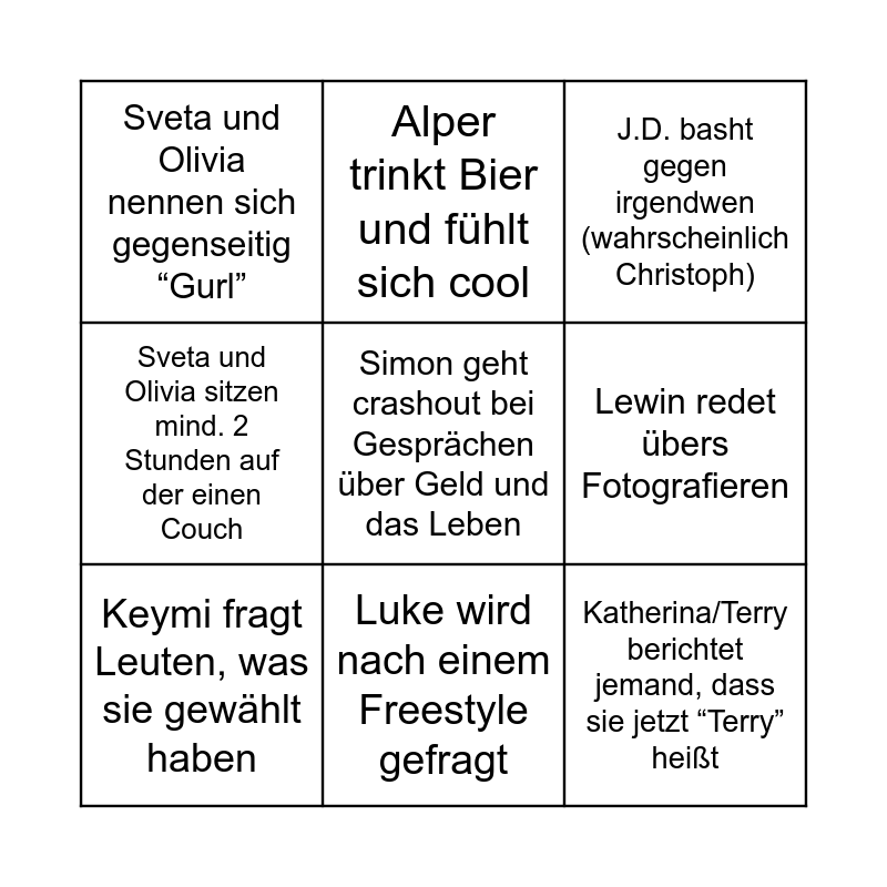 Montag bei J.D. Bingo Card