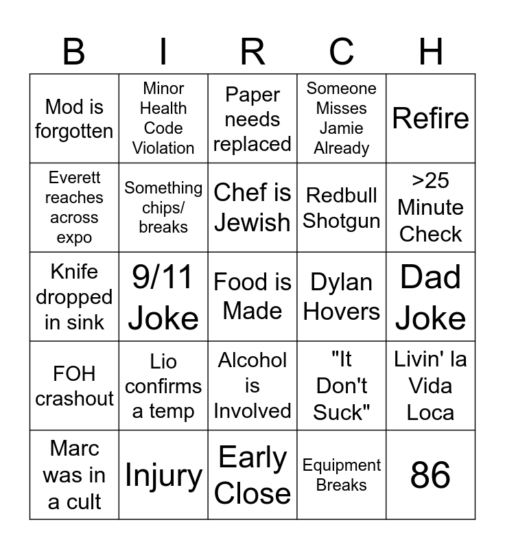 Birch BOH Brunch Bingo Card