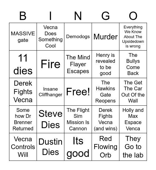 Stranger Things Bingo Card