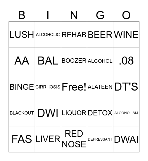 Alcohol Bingo Card