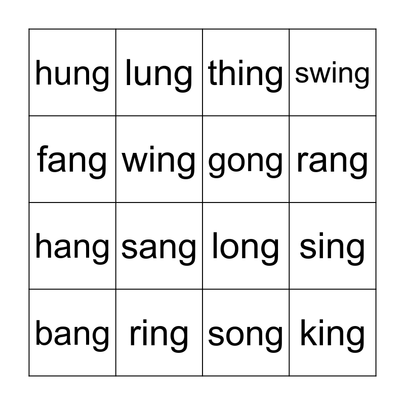 ung, ang, ing, ong Bingo Card