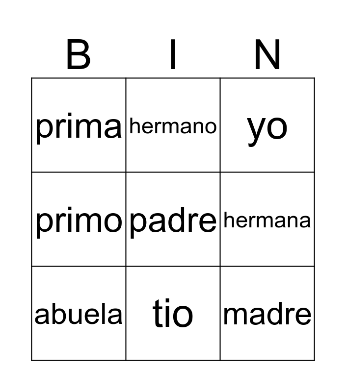 Mi Familia Bingo Card