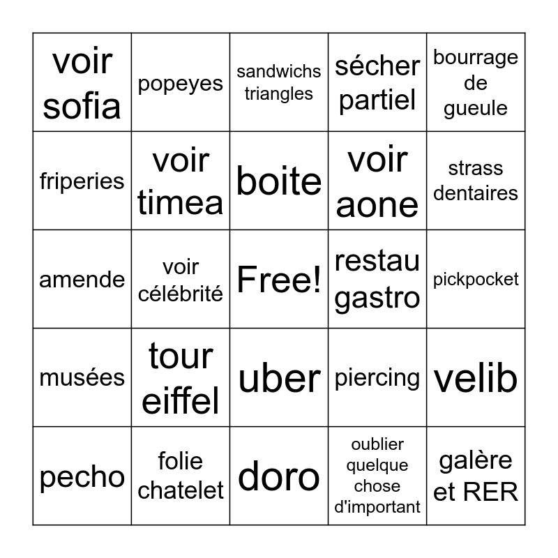 paris Bingo Card
