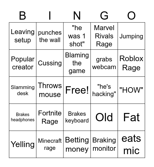 Gamer rage Bingo Card