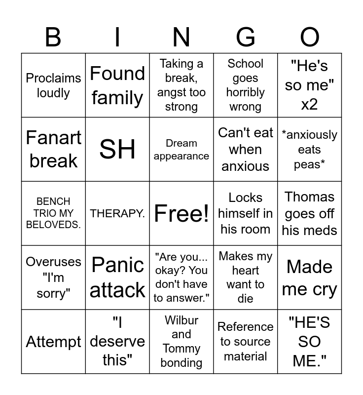 SBI foster angst Bingo (By Tommy) Bingo Card