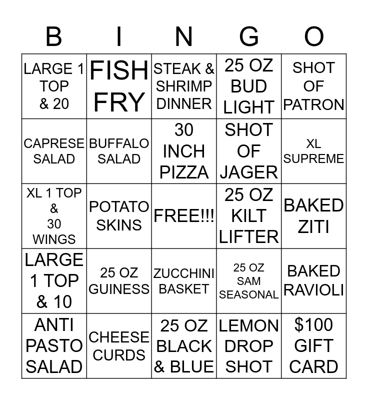 TAILGATER'S IL PRIMO BINGO Card